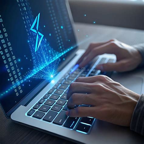 Hands Typing On Laptop With Glowing Blue Code Digital Innovation And Technology Stock