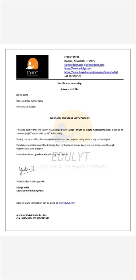 Vaibhav Kumar Sahu On Linkedin Internship Dataanalysis Edulytindia