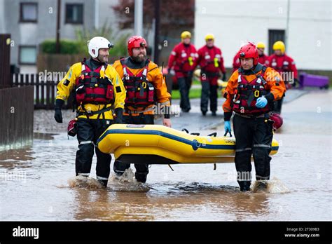 Views Of Flooded Streets And Coastguards During Rescue In Brechin After