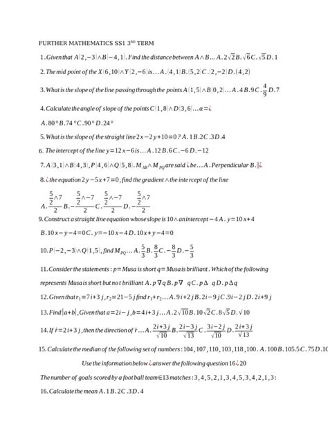 Further Mathematics Ss1 3rd Term Pdf Slope Algebra