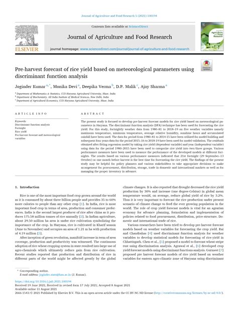 Pdf Pre Harvest Forecast Of Rice Yield Based On Meteorological Parameters Using Discriminant