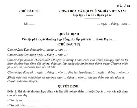 Mẫu Quyết định về việc phê duyệt thưởng hợp đồng đối với gói thầu xây