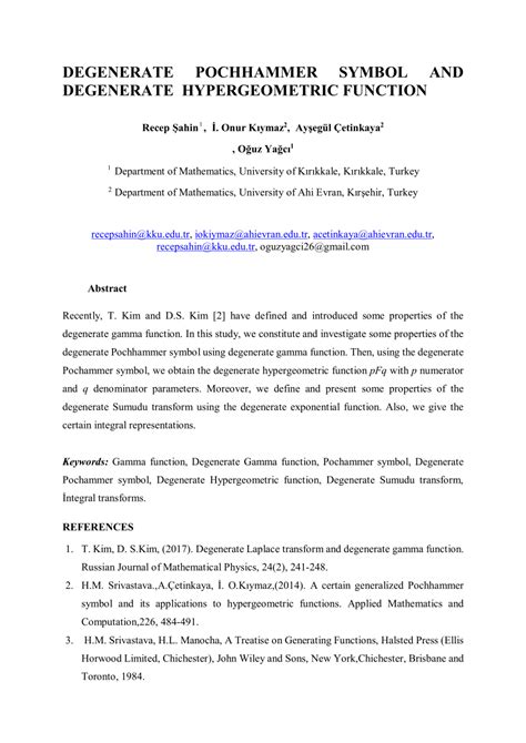 Pdf Degenerate Pochhammer Symbol And Degenerate Hypergeometric Function