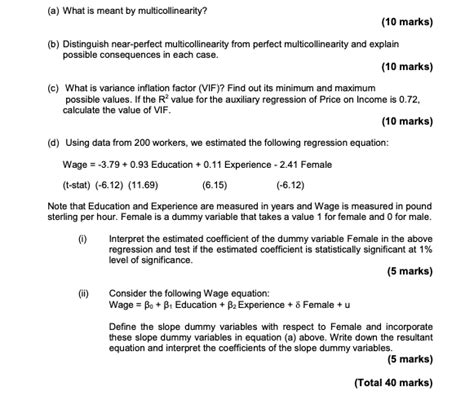 Solved A What Is Meant By Multicollinearity 10 Marks