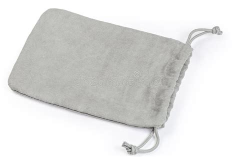 Empty Gray Fabric Pouch With Rope Closure On White Background Stock