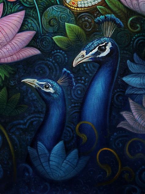 Radha Krishna With Peacock Around Flowers Oil On Canvas Exotic