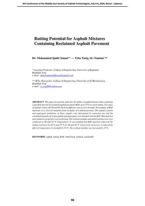Pdf Rutting Potential For Asphalt Mixtures Containing Reclaimed Asphalt Pavement