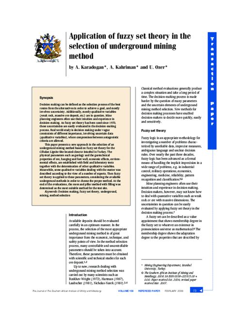 Pdf Application Of Fuzzy Set Theory In The Selection Of Underground Mining Method