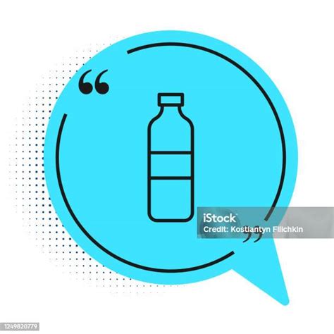白い背景に隔離水のアイコンの黒い線ボトルソーダアクアドリンクサイン青い吹き出しのバブル記号ベクトルの図 いっぱいになるのベクターアート素材