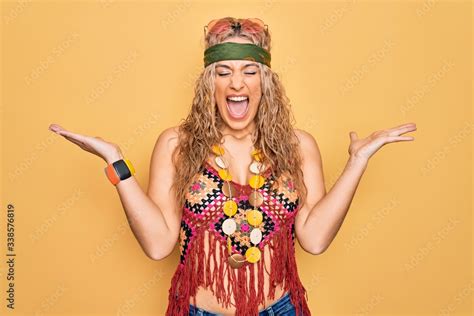 Beautiful Blonde Hippie Woman Wearing Sunglasses And Accessories Over