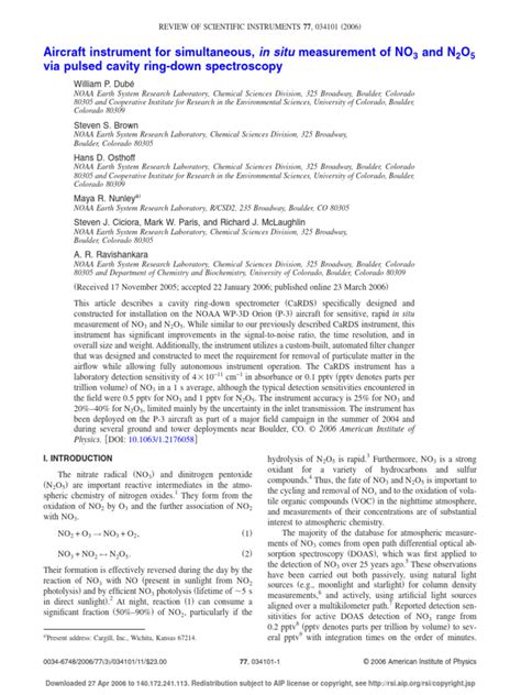 Aircraft Instrument For Simultaneous In Situ Measurement Of No3 And N2o5 Via Pulsed Cavity Ring