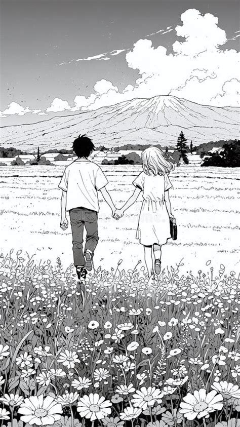Pair Of Siblings Holding Hands Walking Through A Field Of Flowers With