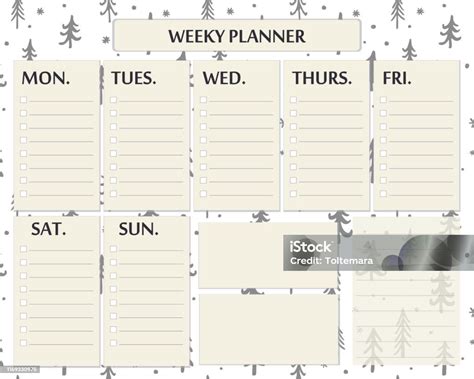 크리스마스와 겨울 시간에 대한 주간 플래너 페이지 템플릿 디자인 낙서 눈송이와 나무와 일상 계획과 노트에 대한 귀여운 페이지 12월에 대한 스톡 벡터 아트 및 기타 이미지