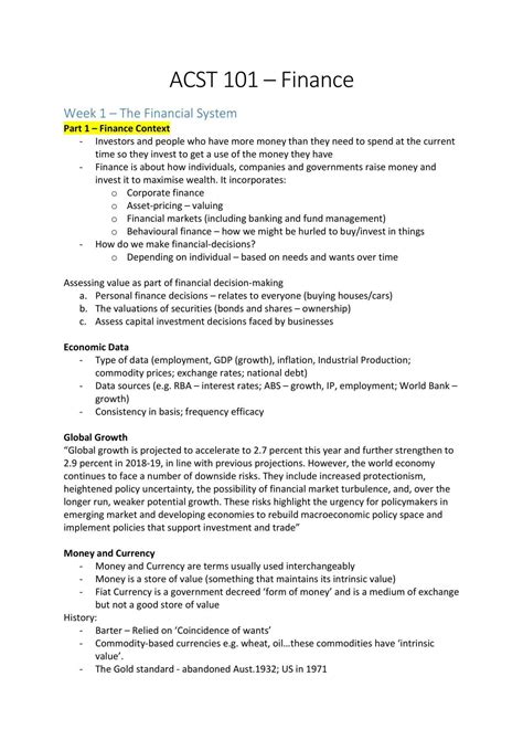 Finance Lecture Notes Acst1001 Finance 1a Mq Thinkswap