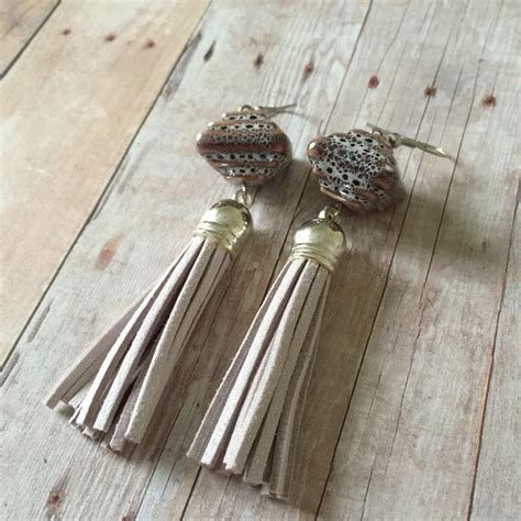 Tassel Earrings Taupe Bead And Pale Mauve Tassel Earrings Suede