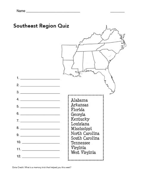 Us Map Southeast Region Quiz Pdf