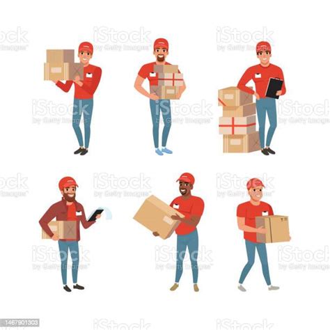 골판지 상자를 손에 든 배달원 세트 택배 배달 소포 클라이언트 벡터 일러스트 레이 션 교통수단에 대한 스톡 벡터 아트 및 기타 이미지 교통수단 나름 나무 상자