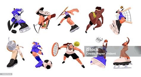 프로 운동 선수 다른 스포츠 세트 축구 배구 테니스 농구 아이스하키를 합니다 달리기 창 던지기 펜싱 흰색 배경에 분리된 플랫