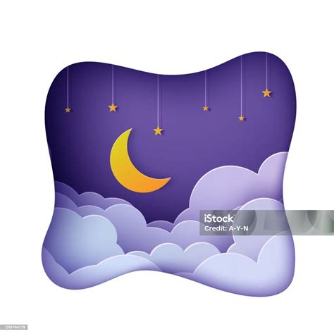 밤 하늘 구름은 종이 컷 스타일로 밧줄과 달에 금별베개와 같은 프레임 초승달과 흐린 풍경 종이 컷 아트로 3d 배경을 잘라냅니다 소원 좋은 밤에 대한 벡터 카드 밤 하루