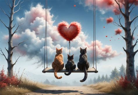 Cats In Love On A Swing Among The Clouds In The Sky Looking At A Heart From A Cloud Stock Image