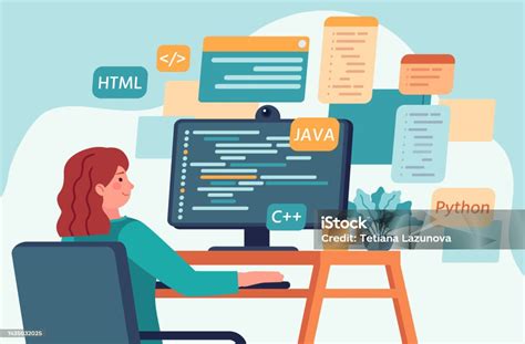 데스크톱 컴퓨터에서 작업하는 웹 디자이너 및 프로그래머 다른 프로그래밍 언어로 코딩하는 만화 여성 java 프로그래밍 언어에 대한 스톡 벡터 아트 및 기타 이미지 istock