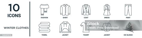 겨울 옷 개요 아이콘 세트에는 얇은 선 패션 코트 바지 재킷 재킷 얼음 썰매 보고서 프리젠 테이션 다이어그램 웹 디자인을위한
