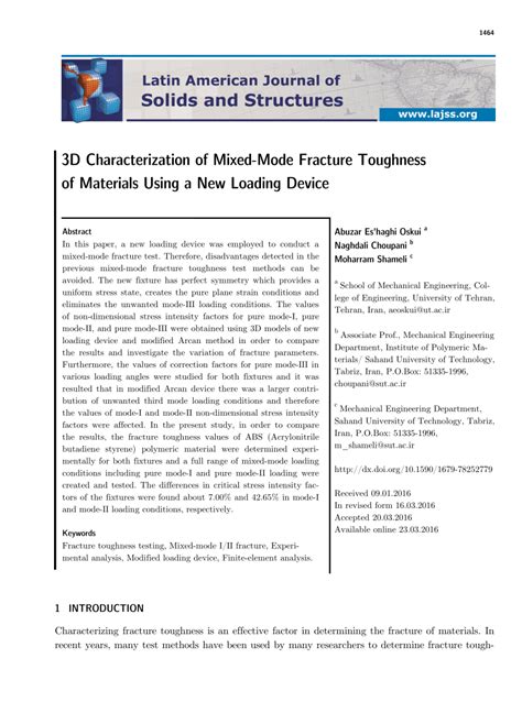 Pdf 3d Characterization Of Mixed Mode Fracture Toughness Of Materials