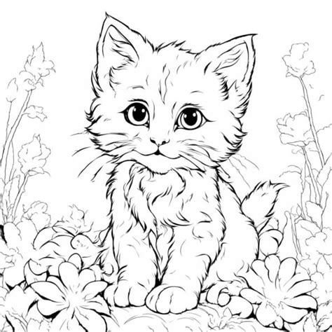Download Schattig Kitten In Gras Met Bloemen Kleurplaten Online Op Creative Fabrica