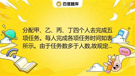分配甲、乙、丙、丁四个人去完成五项任务。每人完成各项任务时间如表所示。由于任务数多于人数故规定其中有一个人可兼完成两项任务其余三人每人完成