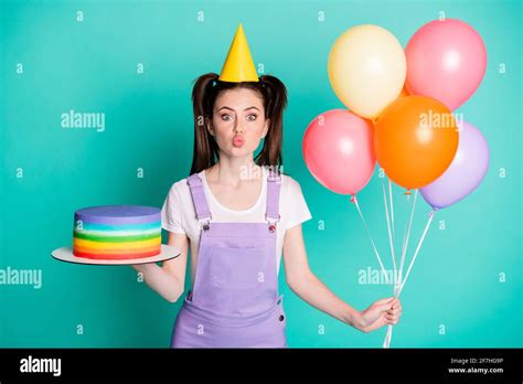 Photo Of Romantic Girl Hold Balloons Striped Cake Lips Blow Air Kiss Wear Violet Overall Paper