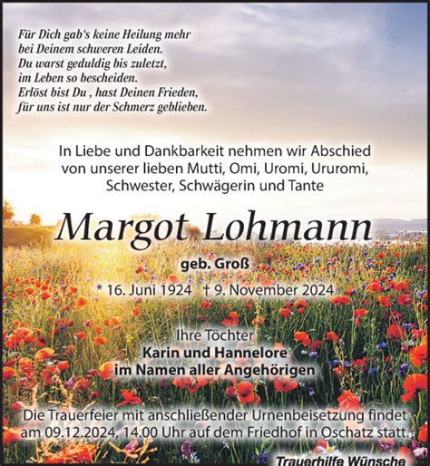 Traueranzeigen Von Margot Lohmann Trauer Anzeigen De