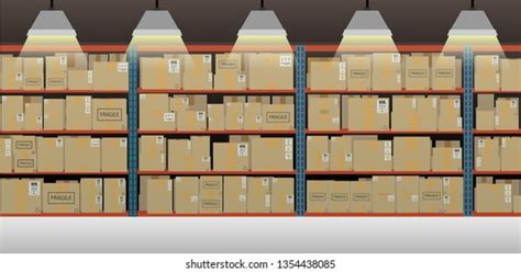 Warehouse Interior Boxes On Racks Flat Stock Vector Royalty Free