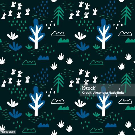 나무와 다른 식물 낙서 요소와 원활한 아기 패턴 손으로 그린 벡터 배경입니다 직물 직물에 좋습니다 0명에 대한 스톡 벡터 아트 및 기타 이미지 Istock