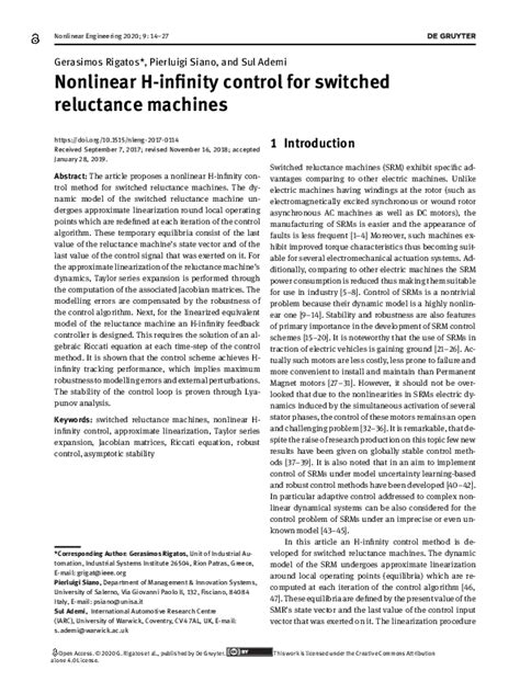Pdf Nonlinear H Infinity Control For Switched Reluctance Machines