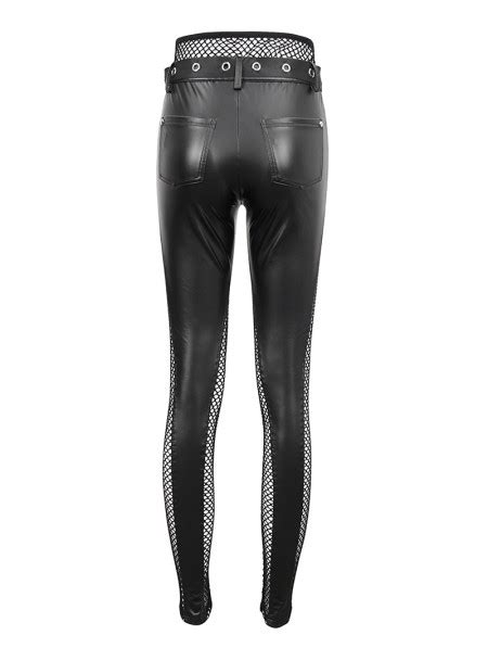 Devil Fashion Black Sexy Gothic Punk Long Slim Fishnet Pu Leather Pants