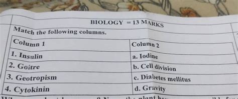 biology 13 marks mateh the following columns column 1 1 insulin column
