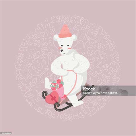 선물과 귀여운 북극곰 썰매의 벡터 일러스트 귀여운 테디 베어 클립아트는 2월 14일 엽서에 적합하며 어린이방 장식 초대장 2월에