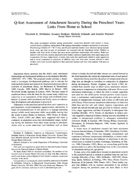 Q Sort Assessment Of Attachment Security Pdf Attachment Theory Teachers