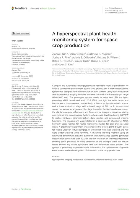 Pdf A Hyperspectral Plant Health Monitoring System For Space Crop Production