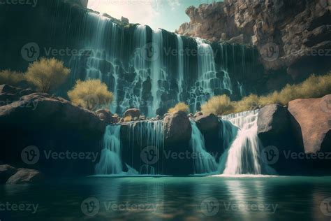 beautiful landscape with big waterfall in sunny summertime neural