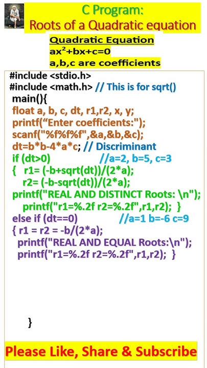 Roots Of Quadratic Equation In C C Program Of Quadratic Equation Shorts