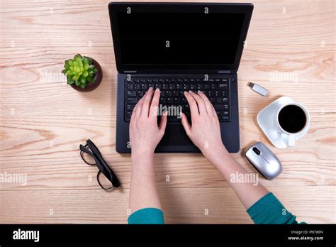 Office Desktop Setup With Female Hands Working On Laptop Keyboard Stock Photo Alamy
