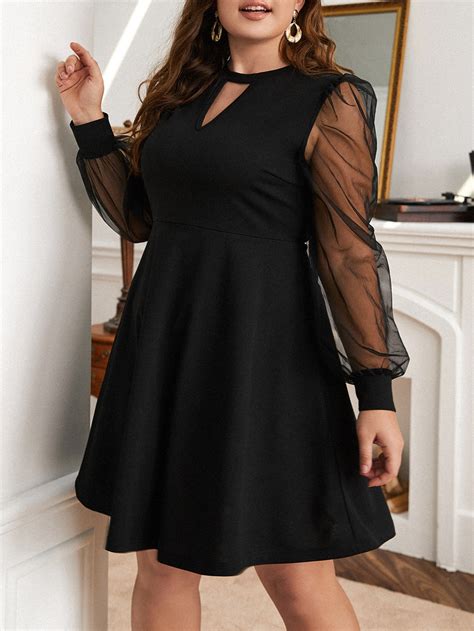 Keyhole Neck Contrast Mesh Lantern Sleeve Dress Translife Limited