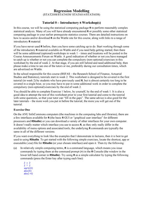 Tutorial 0 Getting Started With R Regression Modelling Stat2008stat4038 Stat6014stat6038