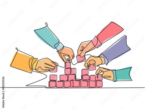 Single Continuous Line Drawing Of Business Team Member Arrange Wooden
