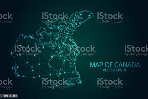 캐나다지도 어두운 그라데이션 배경에 빛나는 점과 선 비늘 3d 메쉬 다각형 네트워크 연결 캐나다에 대한 스톡 벡터 아트 및 기타