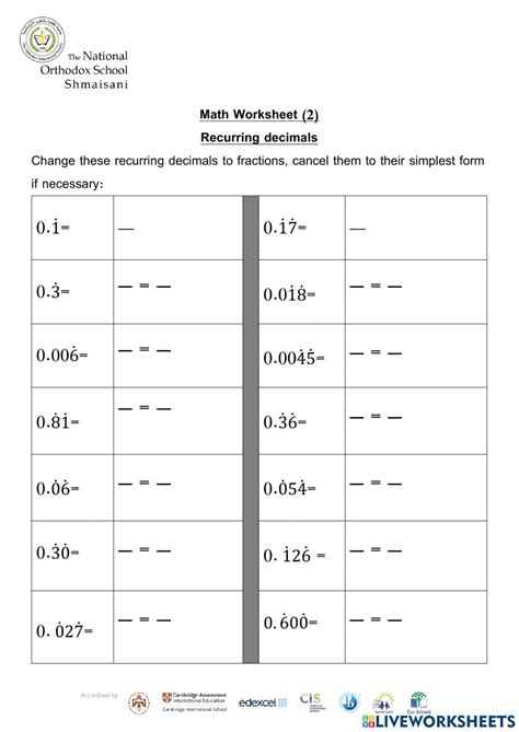 Converting Recurring Decimals To Fractions Online Exercise For Live