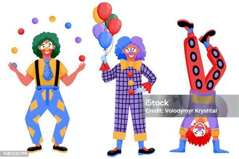 광대 의상을 입은 남자들 재미 있는 조커의 벡터 그림입니다 놀이 공원 서커스 또는 생일 파티 디자인 요소 풍선에 대한 스톡 벡터