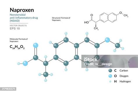 나프록센 비스테로이드성 항염증제 C14h14o3 구조 화학식 및 분자 3d 모델 색상 코딩이 있는 원자 벡터 일러스트 레이 션
