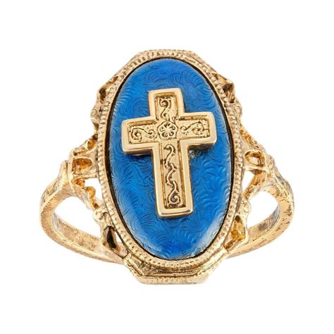Symbols Of Faith Sapphire Blue Enamel Oval Cross Ring Catholic Jewelry
